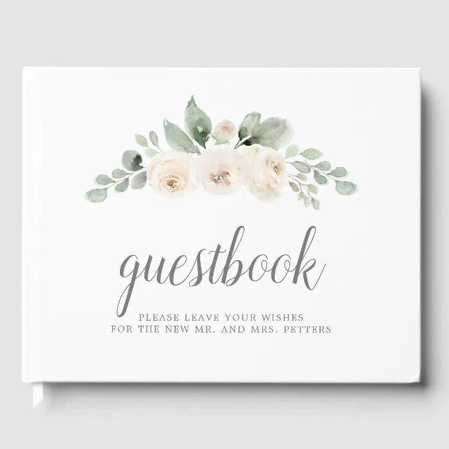 Botanical White Rose Floral Wedding Guest Book | Zazzle
