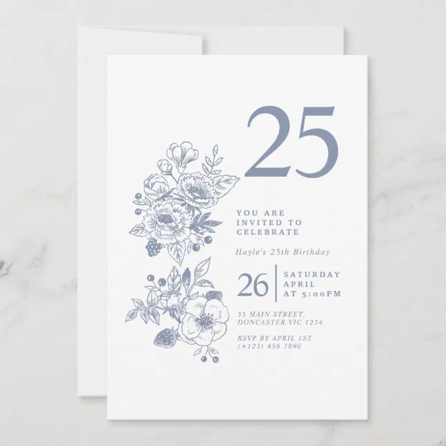 Botanical Wildflower Dusty Blue 25th Birthday Invitation | Zazzle
