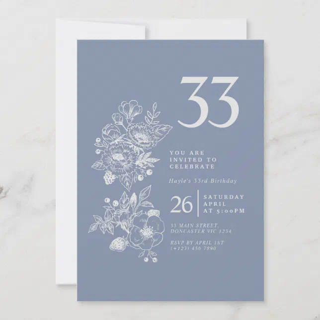 Botanical Wildflower Dusty Blue 33rd Birthday Invitation | Zazzle