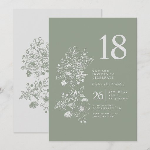 Botanical Wildflower Sage Green 18th Birthday Invitation | Zazzle