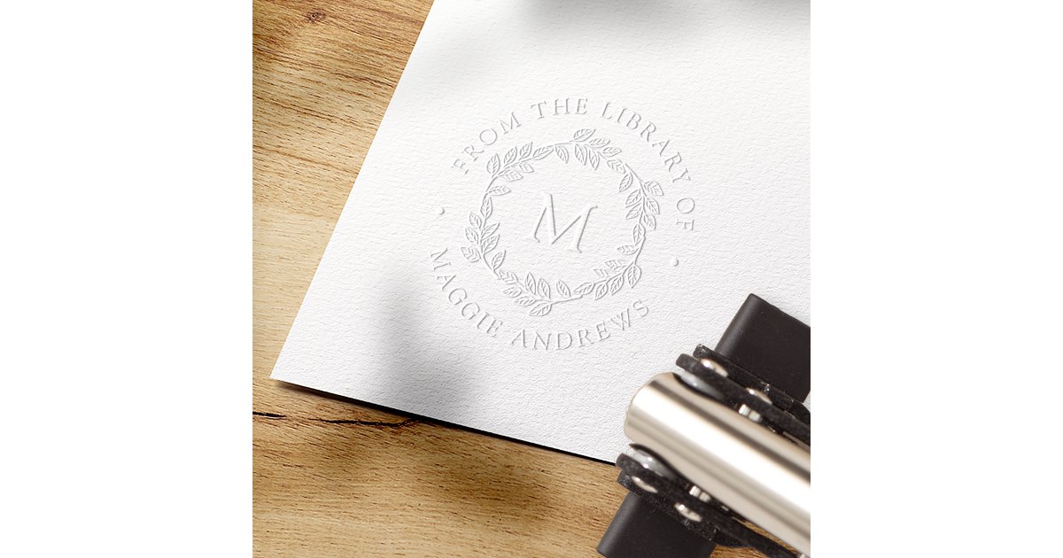 Botanical Wreath Monogram Bookplate Embosser | Zazzle