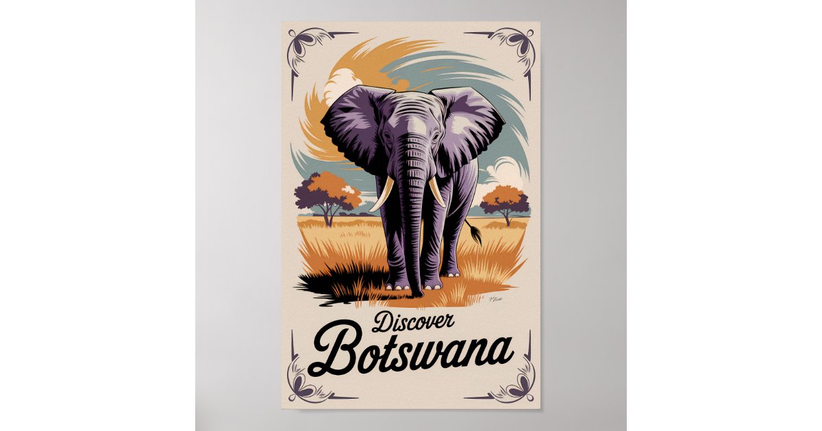 Botswana Elephant Illustration Travel Art Vintage Poster | Zazzle
