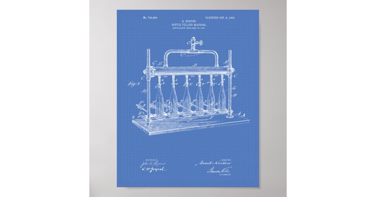 Bottle Filling Machine 1903 Patent Art Blueprint Poster | Zazzle
