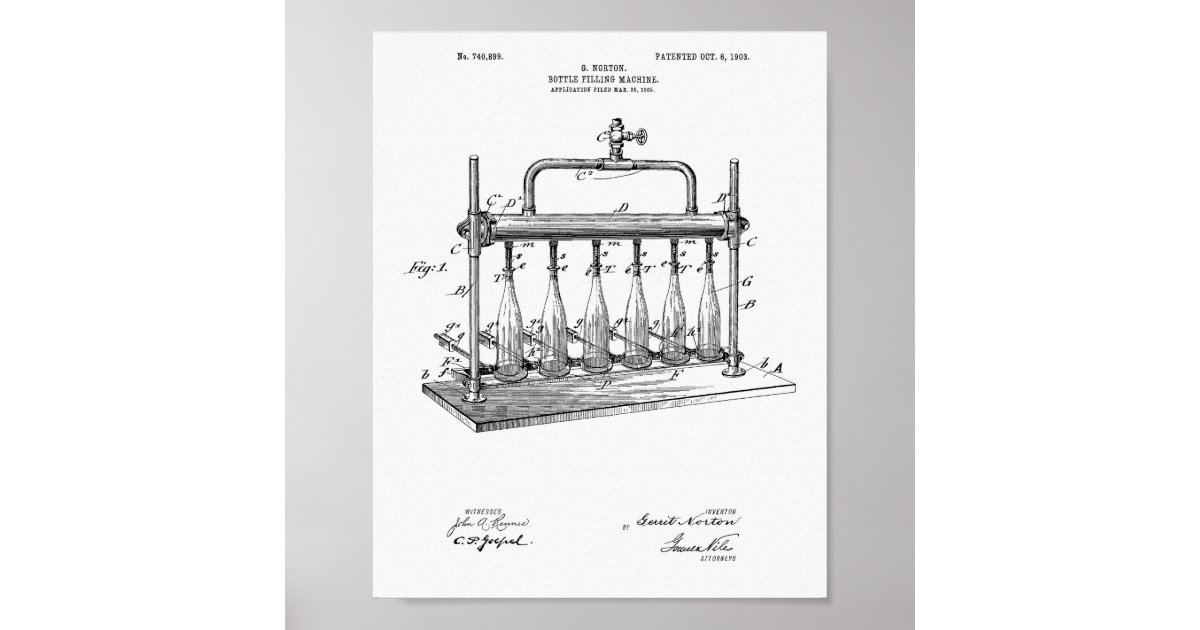 Bottle Filling Machine 1903 Patent Art White Paper Poster | Zazzle