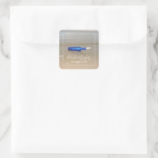Bottle On Beach Sand Wedding Square Sticker | Zazzle