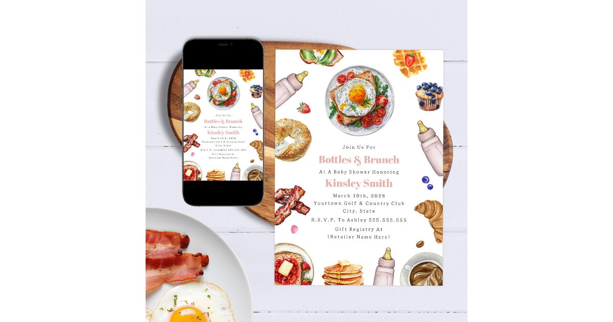 Bottles + Brunch Girl Baby Shower Breakfast Invitation | Zazzle