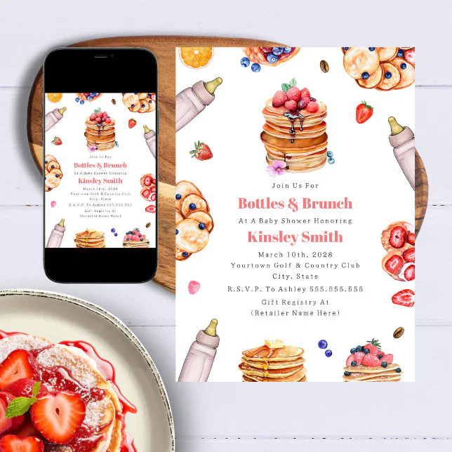 Bottles Brunch Girl Baby Shower Pancake Breakfast Invitation | Zazzle
