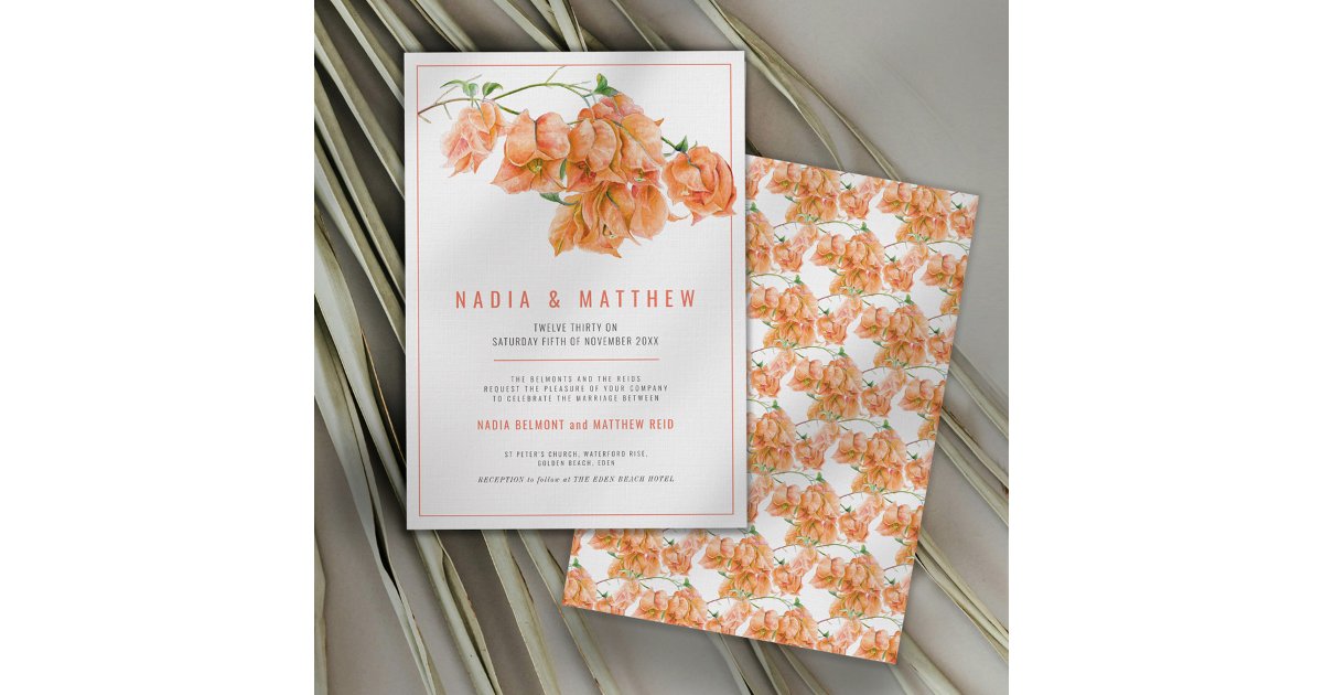 Bougainvillea orange apricot watercolor wedding invitation | Zazzle