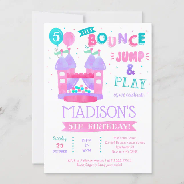 Bounce House Jump Birthday Invitations for girl | Zazzle