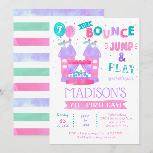 Bounce House Jump Birthday Invitations for girl | Zazzle