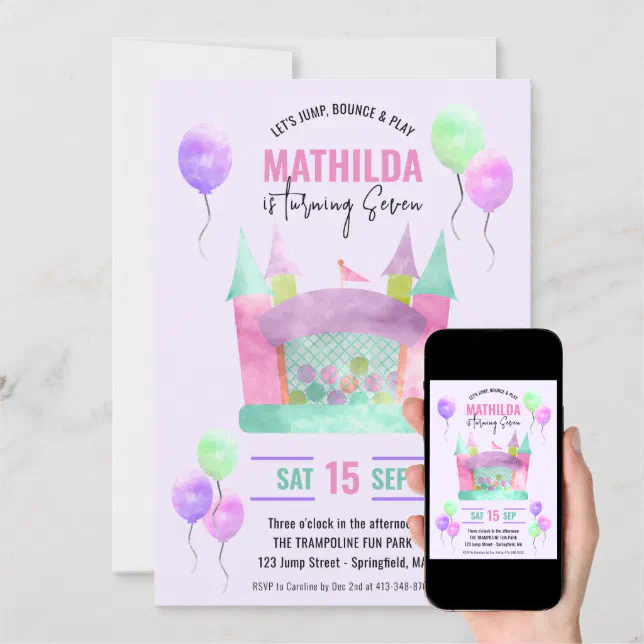Bounce House Jump Trampoline Girl Birthday Party Invitation | Zazzle