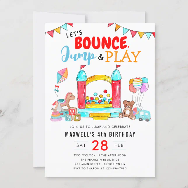 Bounce Jump Play Kids Trampoline Park Birthday Invitation | Zazzle
