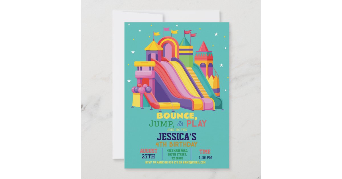Bouncy Castle Birthday Party Jump Bounce Teal Invitation | Zazzle
