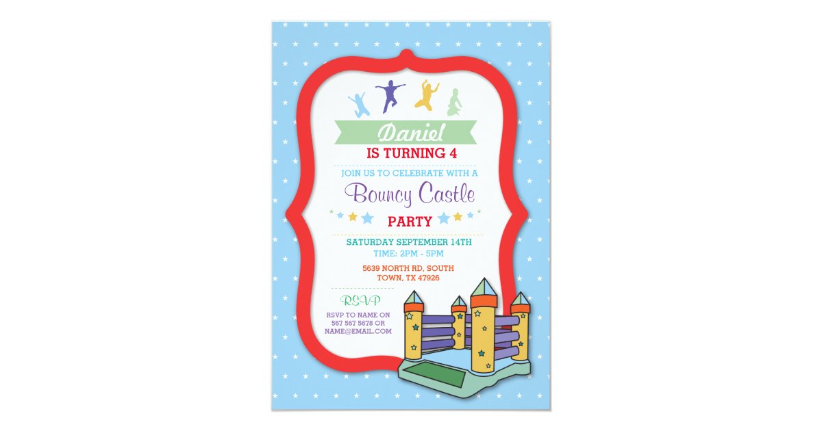 Bouncy Castle Party Blue Kids Birthday Invitation | Zazzle.com