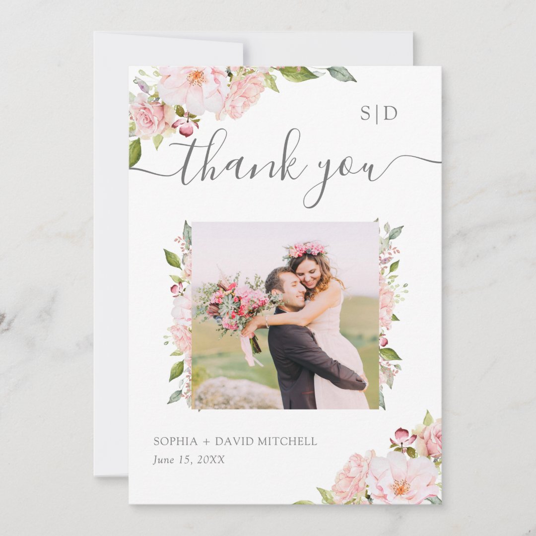 Bountiful Roses | Pink Floral Wedding Photo Thank You Card | Zazzle
