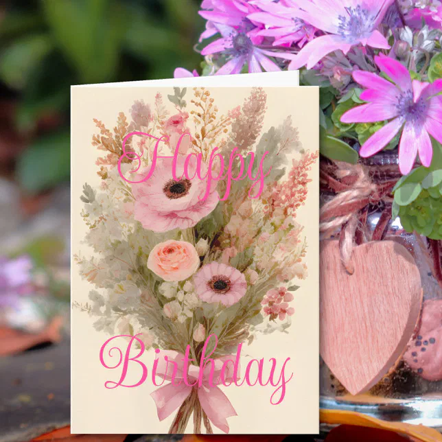 Bouquet Pink Spring Flowers Happy Birthday Card | Zazzle