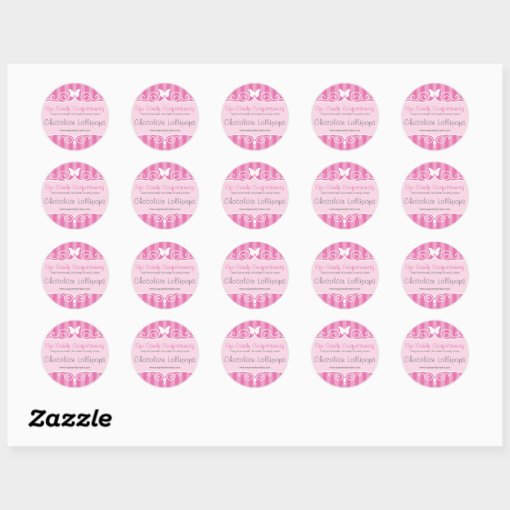 Boutique candy shop pink food round stickers | Zazzle