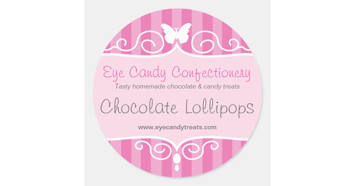 Boutique candy shop pink food round stickers | Zazzle