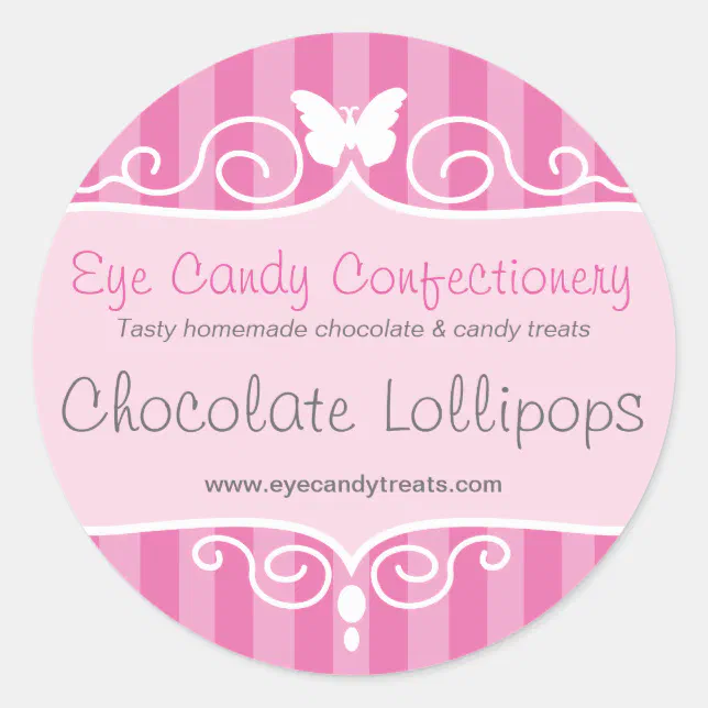 Boutique candy shop pink food round stickers | Zazzle