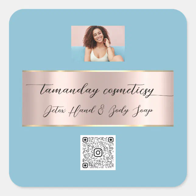 Boutique Online Shop Rose QR Code Logo Photo Blue Square Sticker | Zazzle
