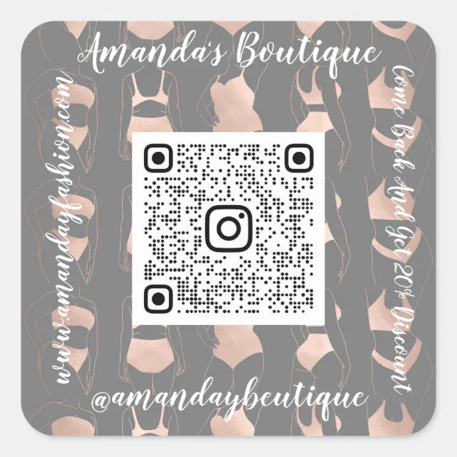 Boutique Shop Lingerie QrCode Logo Body Gray Rose Square Sticker | Zazzle