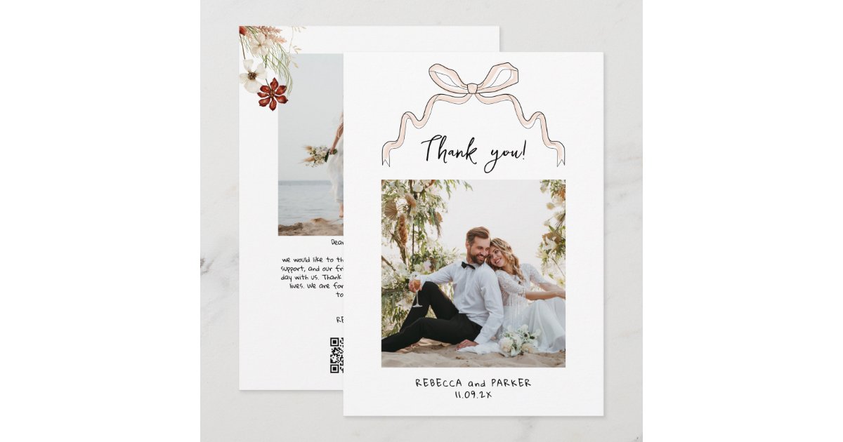 Bow and flowers Wedding Thank you photo Qr scan Card | Zazzle