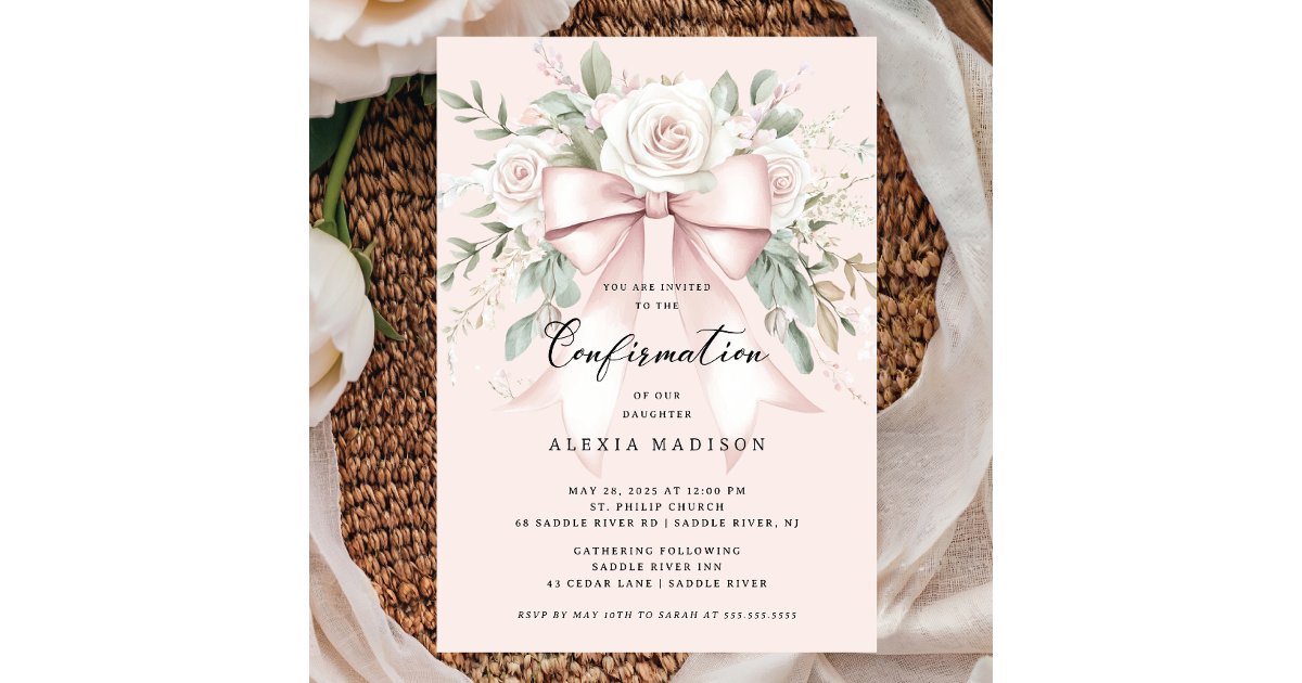 Bow & Blossom Confirmation Invitation | Zazzle