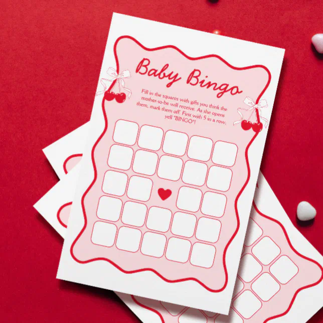 Bow Cherry On Top Baby Shower Baby Bingo Game | Zazzle