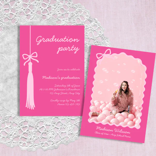 Bow Chic Pink Grad Photo 2025 Graduation Invitation | Zazzle