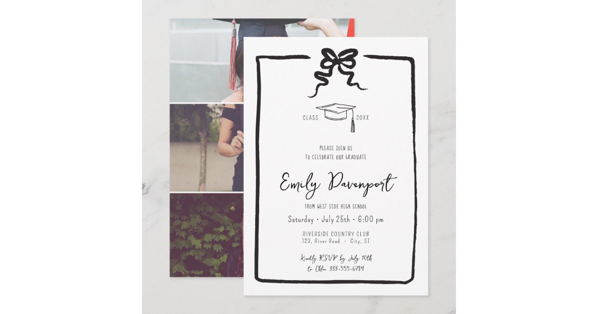 Bow classy graduation 3 photos invitation | Zazzle