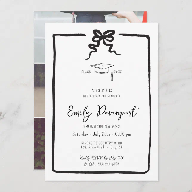 Bow classy graduation 3 photos invitation | Zazzle