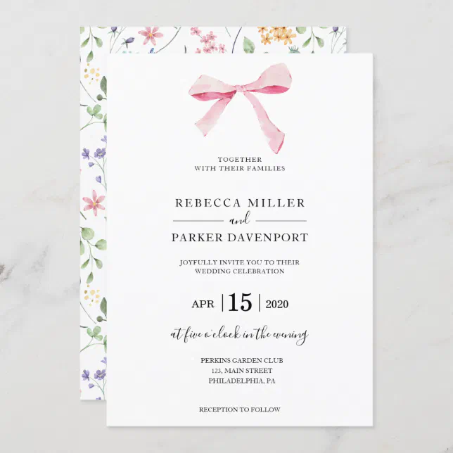 Bow floral elegant trendy Wedding invitation | Zazzle