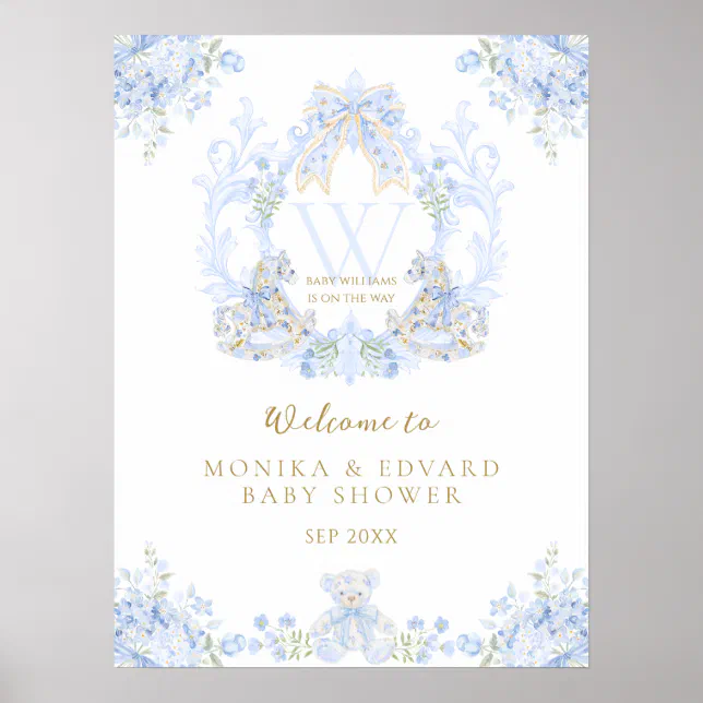 Bow Floral Watercolour Elegant Boy Baby Shower Poster | Zazzle