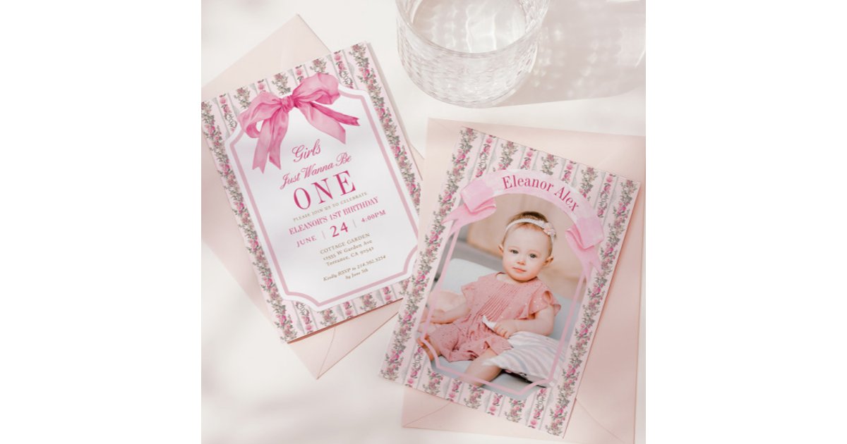 Bow Girls Just Wanna Be One 1st Birthday Photo Invitation | Zazzle
