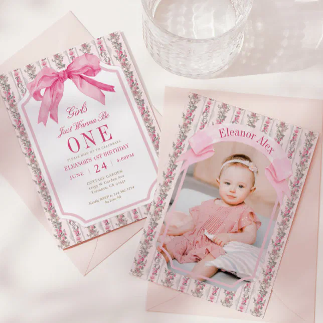 Bow Girls Just Wanna Be One 1st Birthday Photo Invitation | Zazzle