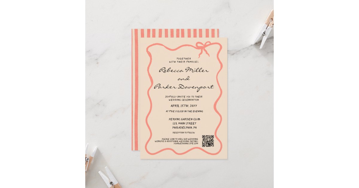 Bow Painted Pinstripes Wedding QR Code Invitation | Zazzle