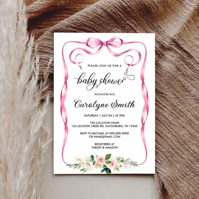 Bow Pink Baby Shower Invitation | Zazzle