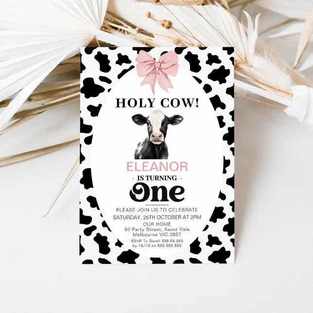 Bow Pink Black Cow Print Holy Cow 1st Birthday Invitation | Zazzle