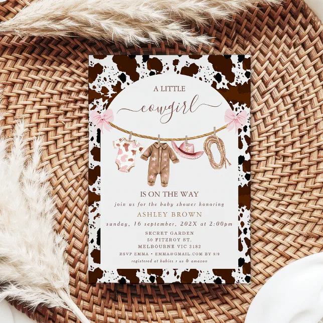 Bow Pink Clothesline Cow Print Cowgirl Baby Shower Invitation | Zazzle