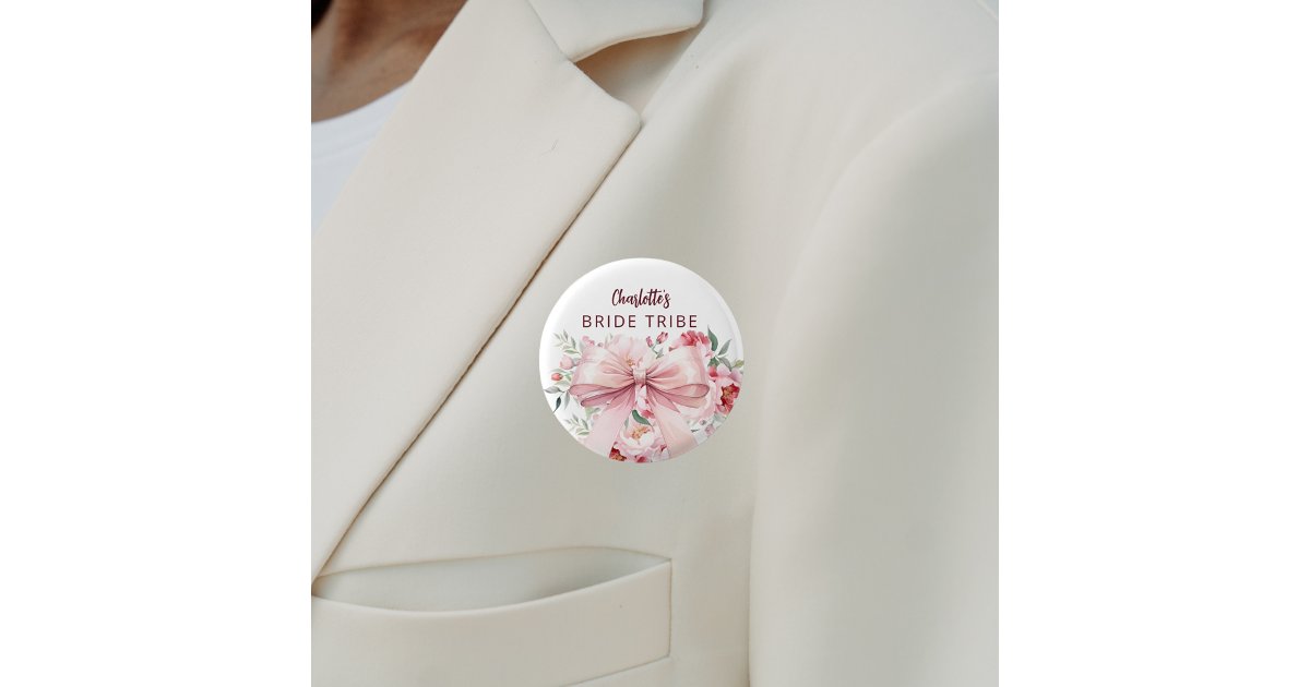Bow pink florals bloom BriDE Tribe Button | Zazzle