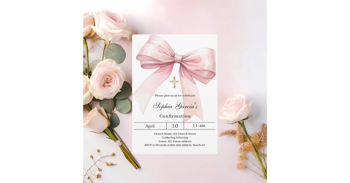 Bow pink girl Confirmation Invitation | Zazzle