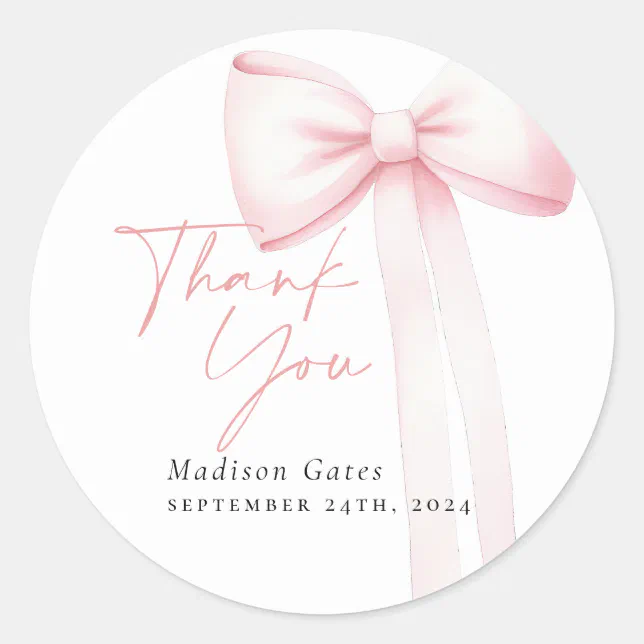 Bow Thank You Card Classic Round Sticker | Zazzle