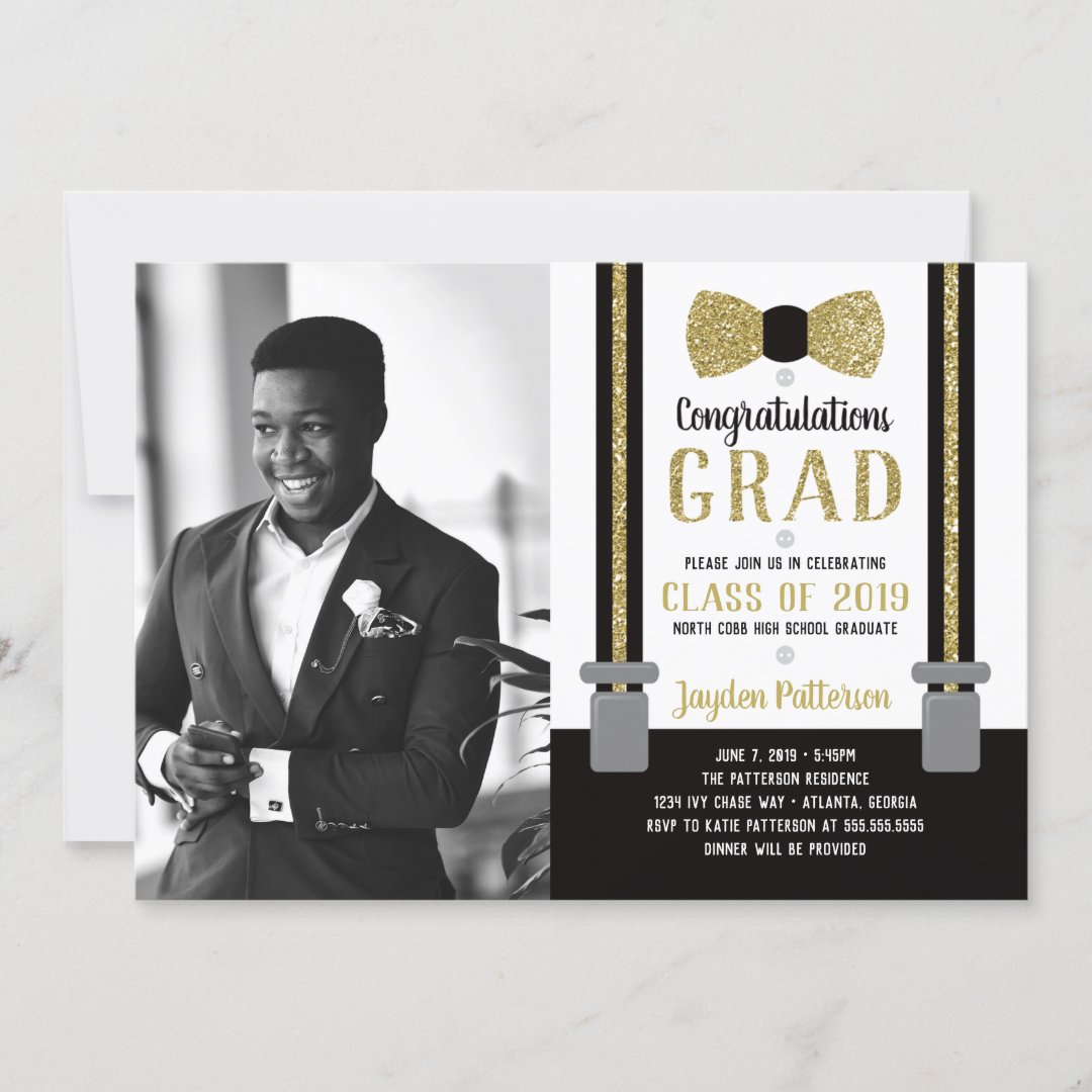 Bow Tie Graduation Party Invitation, Black, Gold Invitation | Zazzle