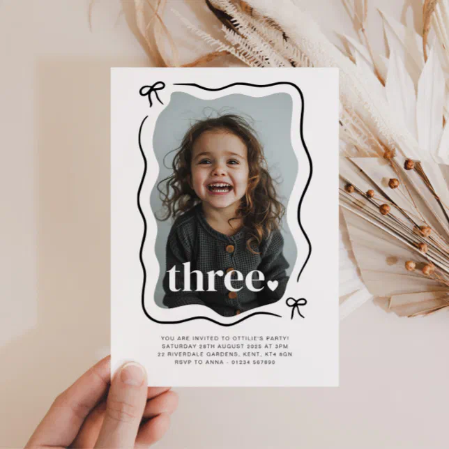 Bow Wavy Border Photo 3rd Birthday Invitation | Zazzle
