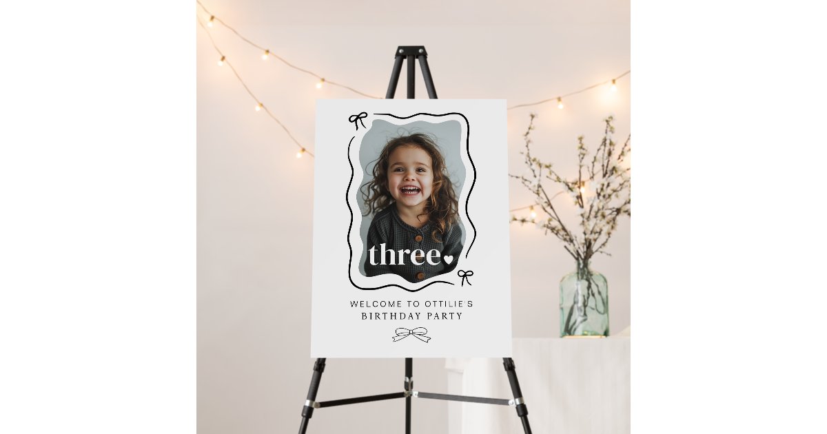 Bow Wavy Border Photo 3rd Birthday Welcome Sign | Zazzle