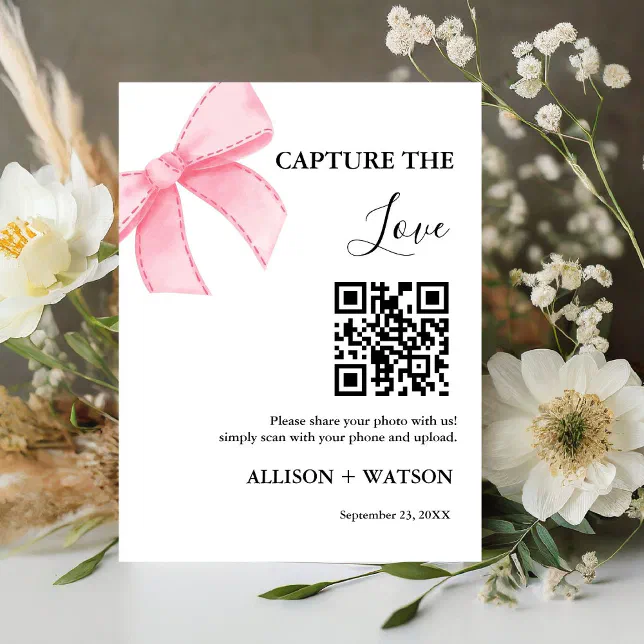 Bow wedding Capture love QR code wedding photo Pedestal Sign | Zazzle