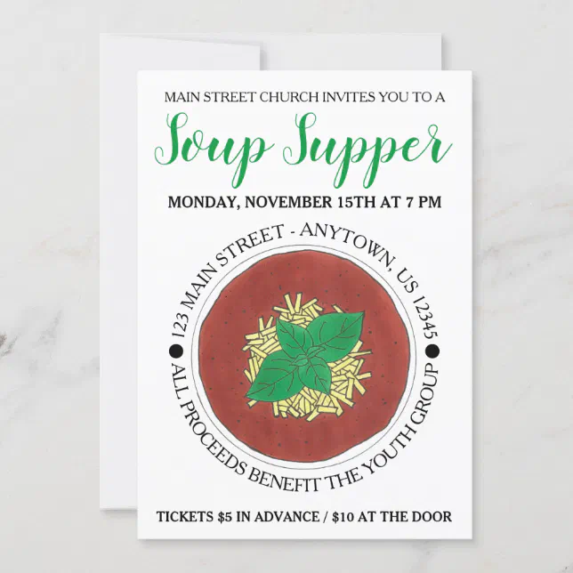 Bowl of Hot Tomato Basil Soup Cookoff Supper Invitation | Zazzle