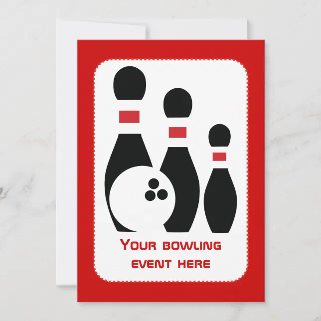 Bowling ball and pins black red custom invitation | Zazzle
