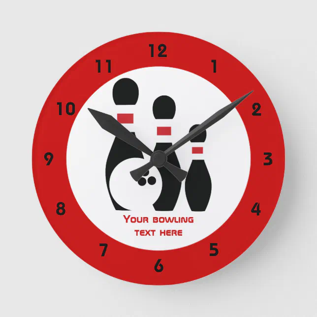Bowling ball and pins custom round clock | Zazzle