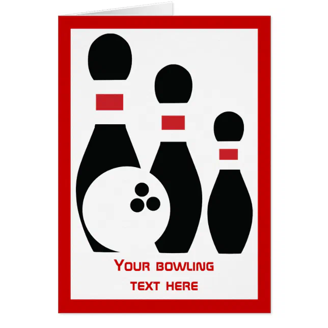Bowling ball and pins vertical greeting card | Zazzle